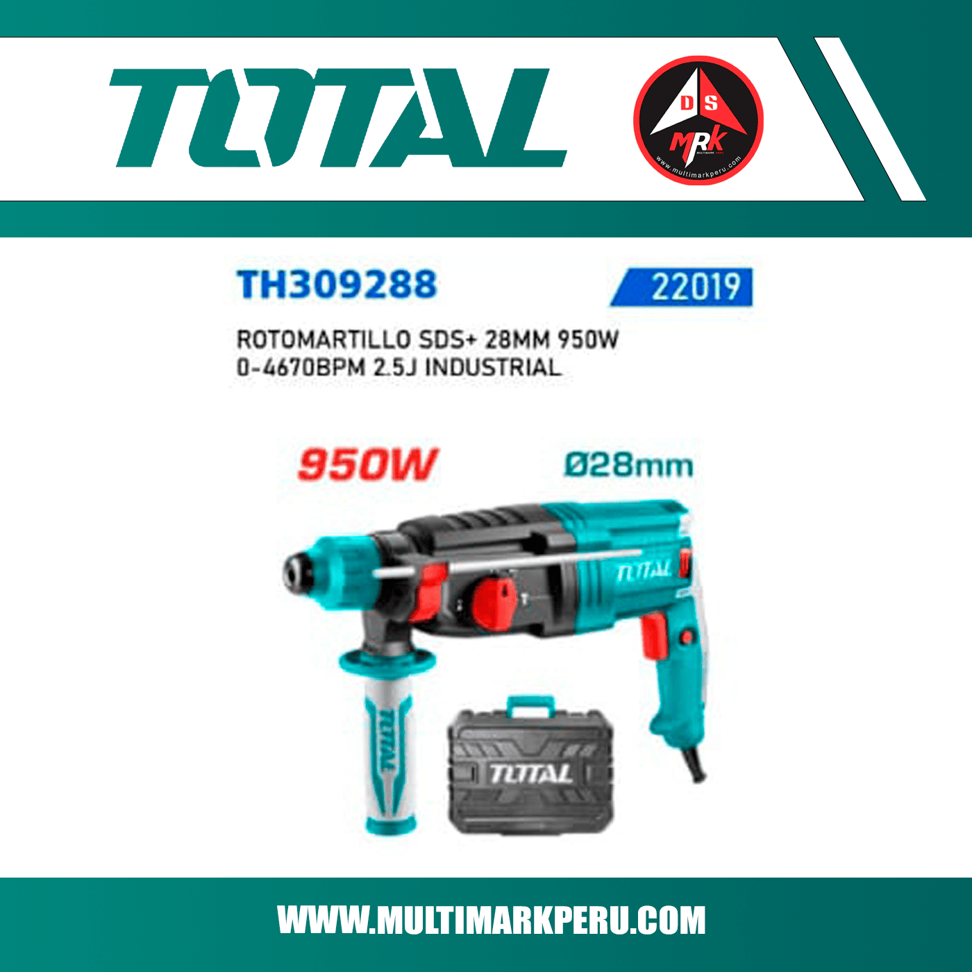 ROTOMARTILLO SDS+ 28MM 950W 0-4670BPM 2.5J INDUSTRIAL TOTAL TH309288 ...