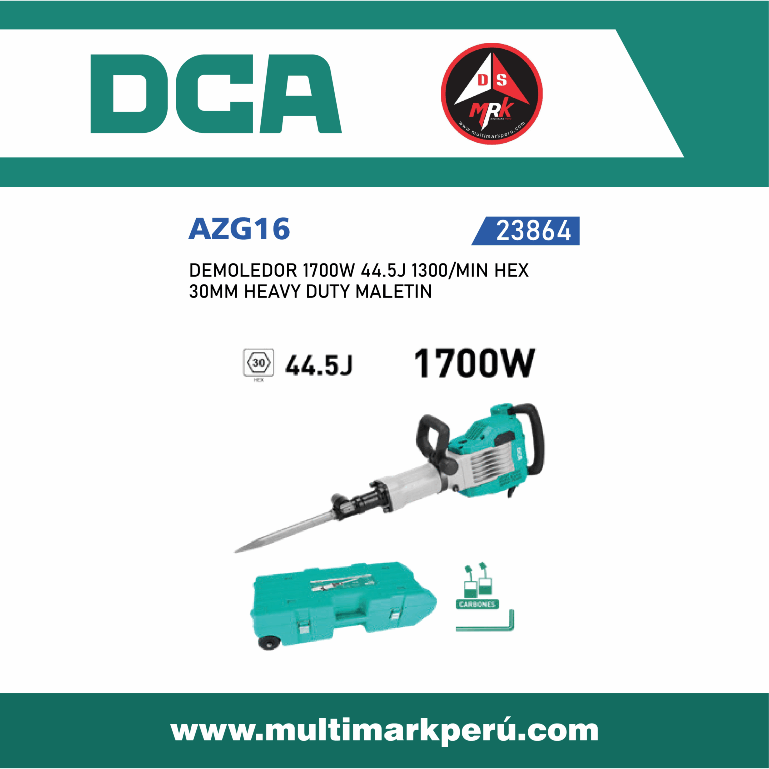 DEMOLEDOR DCA 1700W 44.5J 1300/MIN HEX 30MM HEAVY DUTY MALETIN, AZG16 ...