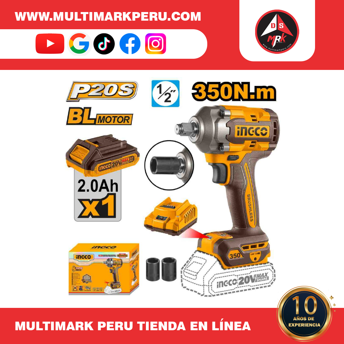 LLAVE DE IMPACTO INGCO 20V 350Nm +BAT+CARGADOR+SOCKETS CIWLI20351 ...